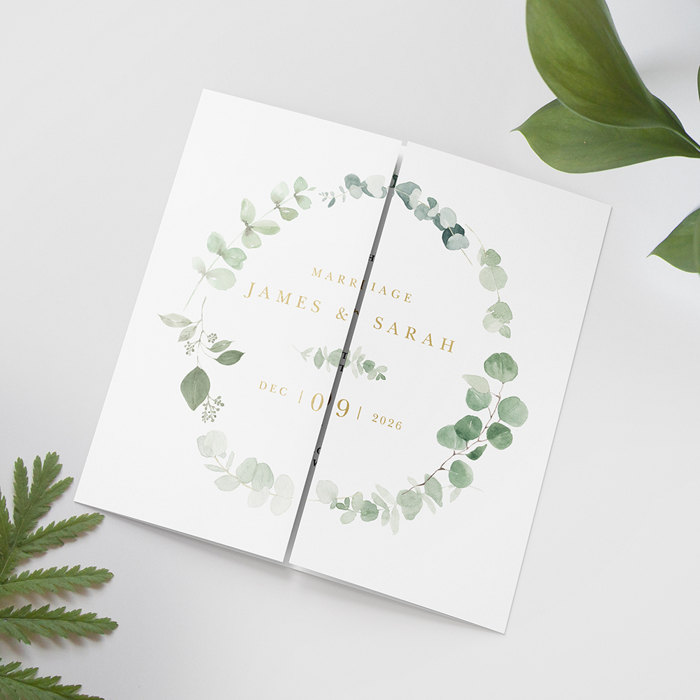 Foil Printed Gatefold Wedding Invite Eucalyptus